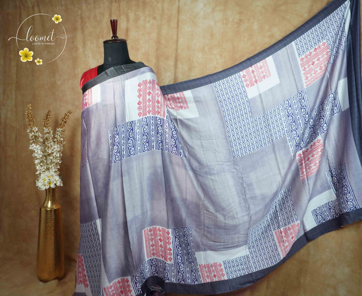 ARN1816 Steel Grey and Slate Blue Crepe saree with patchwork pattern ...